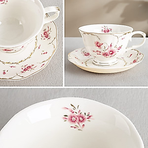 fanquare White Porcelain Tea Cup with Saucer, Single Rose Tea Cup for Coffee, Latte, Espresso, 7.4oz