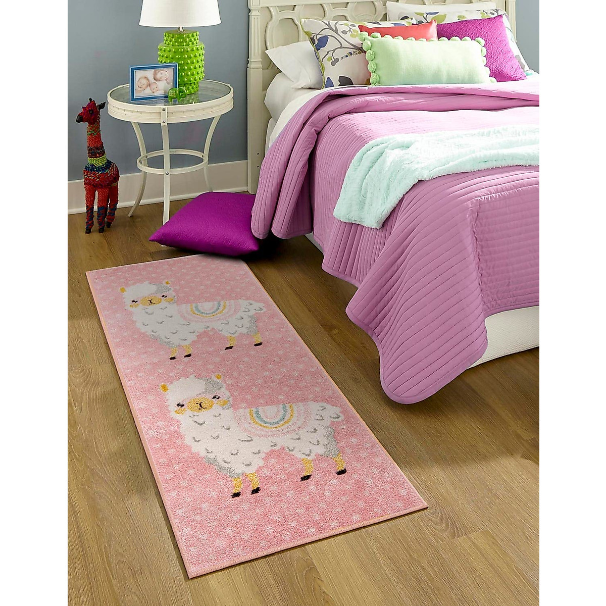 Unique Loom Whimsy Kids Collection Area Rug - Llama (Runner 2' 2" x 6' 0", Pink/ Light Blue)