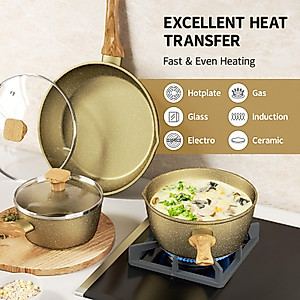 Innerwell Nonstick Frying Pan Set,Non Stick Sauce Pan Set with Lid Gold Granite Pans,1.5QT+2.5QT Saucepan 9.5 Inch Frying Pan Induction Cookware Set,PFOA Free