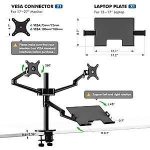Viozon Monitor and Laptop Mount, 3-in-1 Adjustable Triple Monitor Arm Desk Mounts, Dual Desk Arm Stand/Holder for 17 to 27 Inch LCD Computer Screens, Extra Tray Fits 12 to 17 inch Laptops (OL-10T-B)