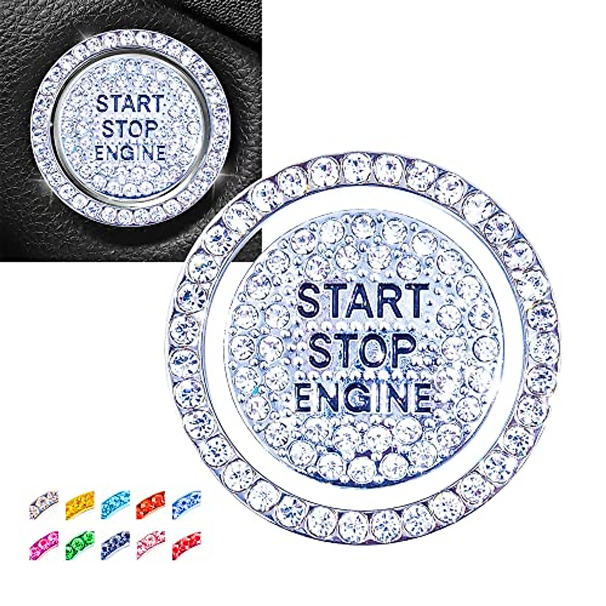 Hallomomo Bling Ring Emblems - Silver Crystal Rhinestone Car Decal, Glamorous & Trendy, Fits Push Start Buttons & Knobs, Easy to Apply