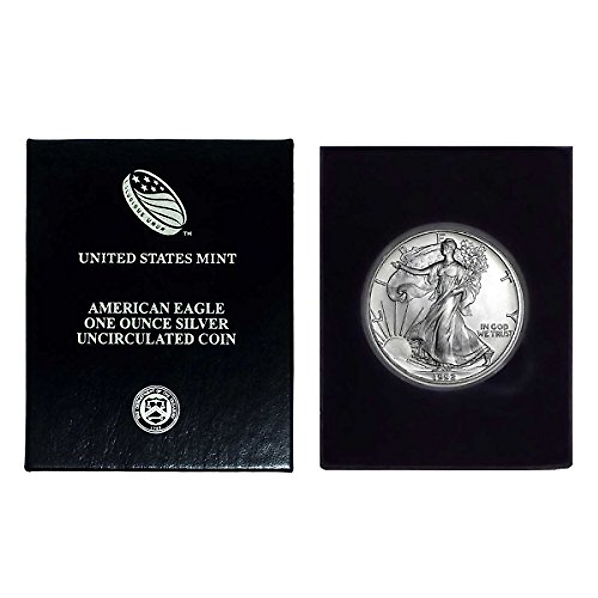 1992 - U.S. Silver Eagle in Plastic Air Tite in Magnet Close Black Gift Box - Gem Brilliant Uncirculated Dollar Uncirculated US Mint