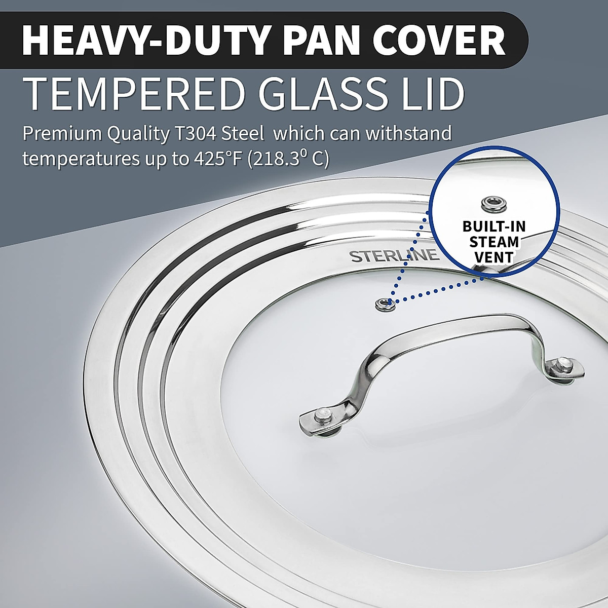 Sterline Small Universal Lid,Fits 5,8 Inch Cookware,Tempered Glass Top with Steam Vent for Pots, Pan, and Cast Iron Skillets,Stainless Steel Replacement Pot Lid for Kitchen Organizing, Space Saving