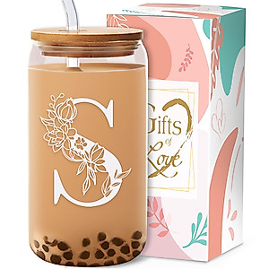 Glass Cup Birthday gifts for Women Personalized Monogram Gift for Women - 16 oz Clear Bamboo Glass Cups with Lid Straws Gifts for Mothers Day for Friends Teacher Nurse Mom Sister Aunt Letter S