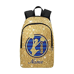 CUXWEOT Personalized Blue and Gold Cheerleader Backpack with Name Custom Travel Daypack Bag for Man Woman Gifts