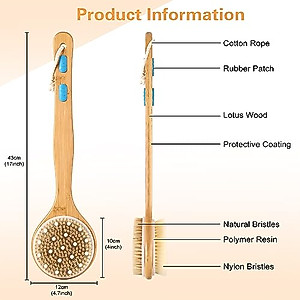 Shower Brush for Body, Coolbird Back Scrubber for Shower Brush with Soft and Stiff Bristles, Bath Dual-Sided Long Handle, Solid Wood Frame & Boar Hair Exfoliating Brush【Black Silicone】