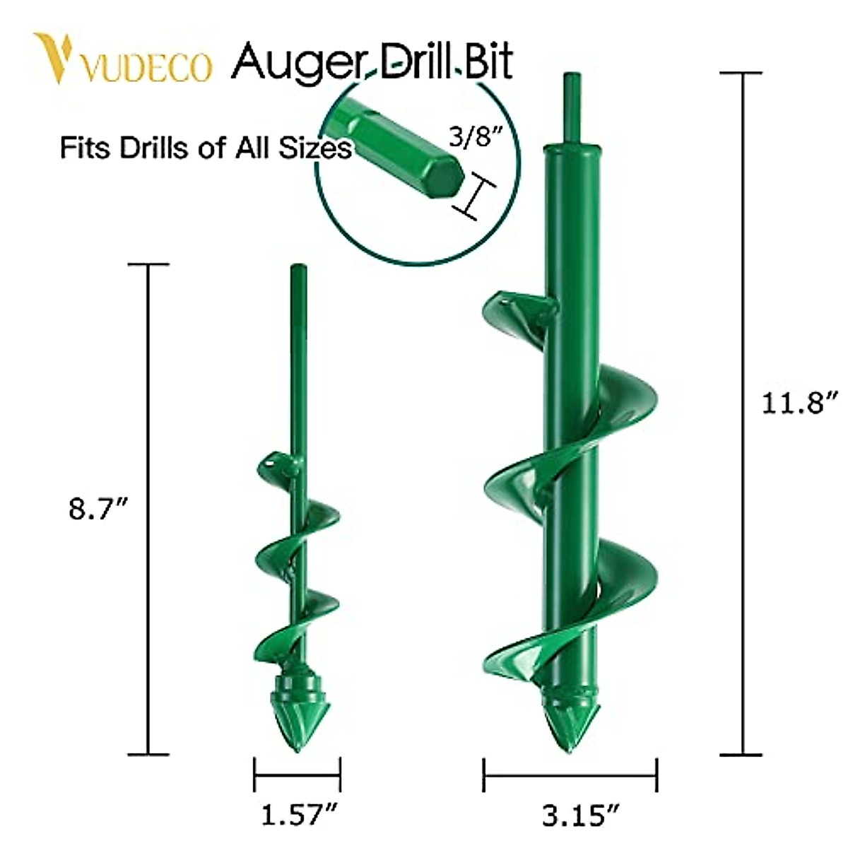 VUDECO Garden Auger Drill Bit for Planting 2 PCS, Bulb Planter Tool, Auger Post Hole Digger, Easy Garden Drill Auger Bit Planting, Spiral Drill Bit, Earth Planting Auger for Cordless Drill - Green