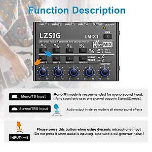 LZSIG Mini Audio Mixer,Stereo Line Mixer for Sub-Mixing,Ultra Low-Noise,4-Channel,Dynamic Microphone Independent Control, 1/4" & 1/8" TRS Output and Input,for Guitars,Bass,Keyboards (Small(4-Channel))