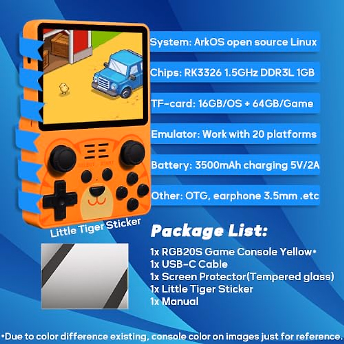 RGB20S Handheld Game Console 3.5 inch Retro Games Consoles Classic Emulator Hand-held Gaming Console Hand Held Video Games System Yellow