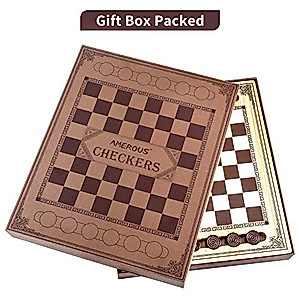 AMEROUS Wooden Checkers Set, Checkers Board Game with Storage Grooves - 24 Checkers Pieces - Gift Box Packed, Classic Board Games for Kids, Adults