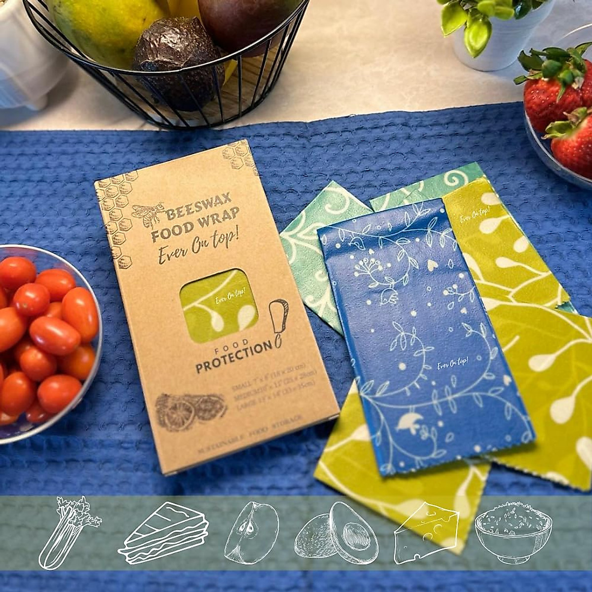 9 Pack Reusable Beeswax Wraps For Food - Zero Waste, Organic Bee wrap for food leftovers, Fruit, Bees wax paper food wrap