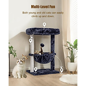 SYANDLVY Small Cat Tree for Indoor Cats, Activity Cat Tower with Scratching Post for Kittens, Cat Condo & Furniture with Basket & Hanging Ball for Play Rest