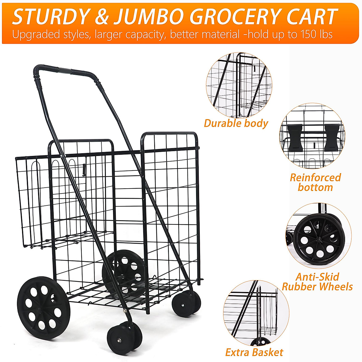 Lehboson Jumbo Folding Shopping Cart,Collapsible Shopping cart with Double Basket and 360-Degree Wheels, Utility Cart for Grocery Laundry Book Luggage Travel （Black）