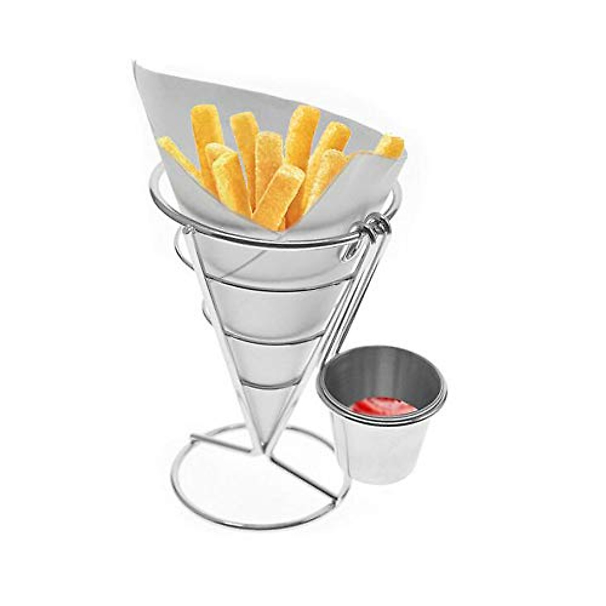 MIAO JIN 2Pcs French Fries Stand Cone Basket Fry Holder with Sauce Dippers Metal Cone Snack Fried Chicken Display Rack Wire Stands for Kitchen Restaurant Party Supplies
