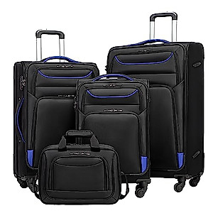 Coolife Luggage 4 Piece Set Suitcase TSA Lock Spinner Softshell lightweight(black+blue)