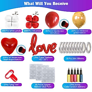 50PCS Love Balloons and Heart Balloons Kit&2000 PCS Silk Rose Petals 42Inch I Love You Balloon Gold Balloons Romantic Decoration Kit Double-Layer Easy to Use for Valentine Day Party Decorations