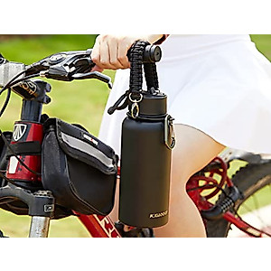 32 oz Insulated Water Bottle with Paracord Handles & Strap, 2 Lids(Straw Lid&Spout Lid), Stainless Steel Reusable Wide Mouth Metal Water Bottle With Straw, Double Walled, Thermo Mug(Black)