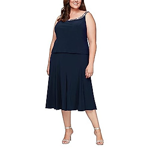 Alex Evenings womens Plus-size Tea Length Jacket With Sequin Beaded Trim Special Occasion Dress, Navy, 16 Plus