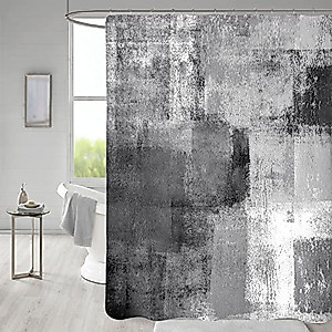 MitoVilla Grey Ombre Shower Curtains with Hooks, Abstract Rustic Shower Curtain for Chic Bathroom Decor, Paint Brush Graffiti Design, Vintage Country Grunge Style, 72 x 72