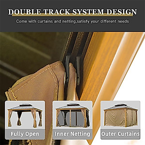 10'x12' Hardtop Gazebo, Wooden Coated Aluminum Frame Canopy with Galvanized Steel Double Roof, Outdoor Permanent Metal Pavilion with Curtains and Netting for Patio, Deck and Lawn(Wood-Looking)