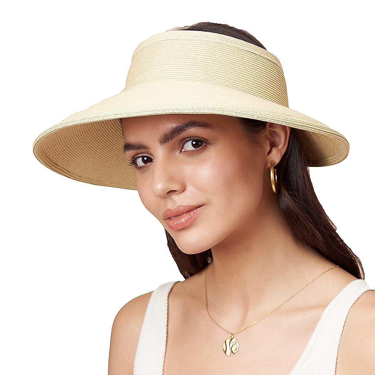 Pineapple&Star Vienna Visor Women's Summer Sun Straw Foldable Hat UPF 50+ (Beige)