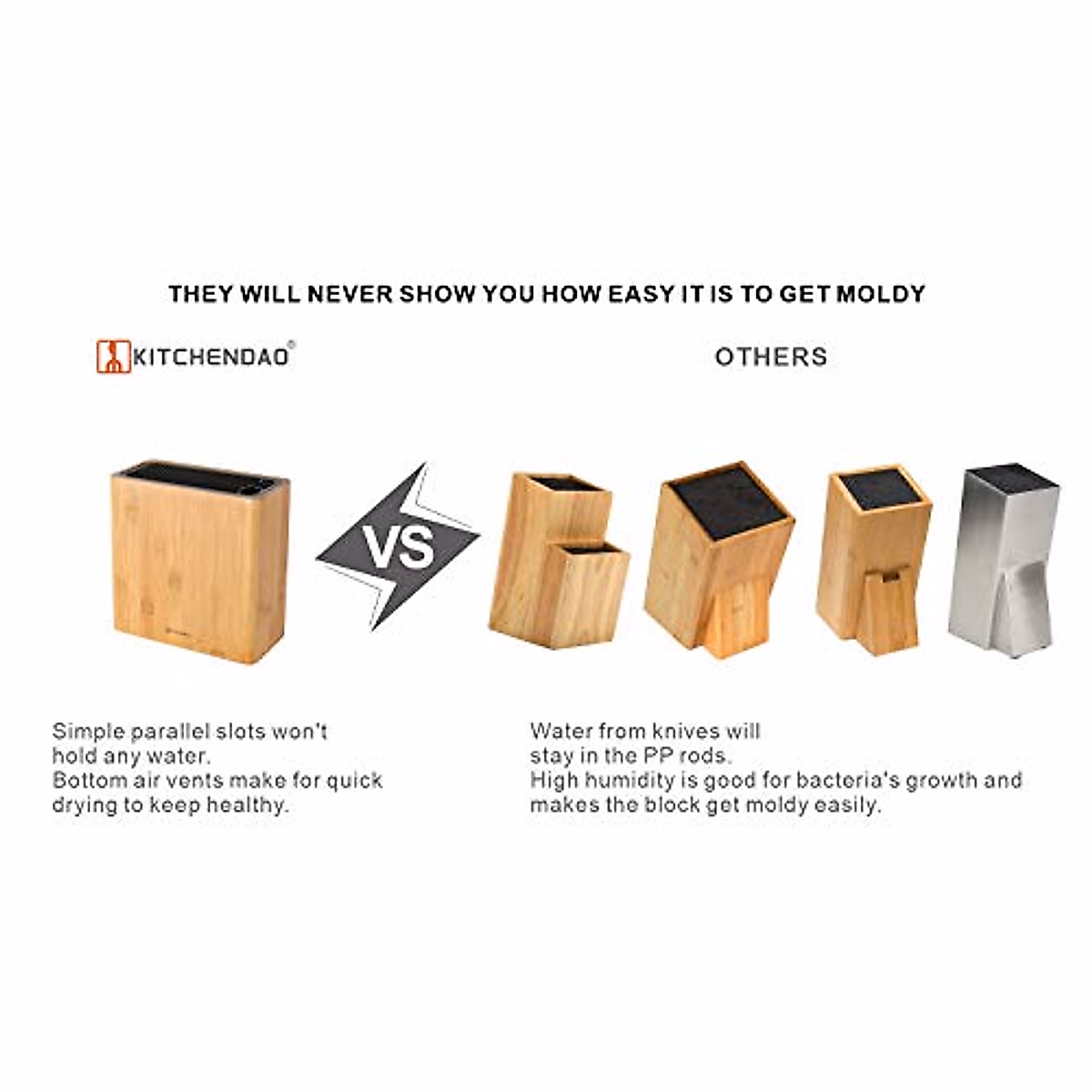 KITCHENDAO XL Bamboo Universal Knife Block Holder with Slots for Scissors and Sharpening Rod, Safe, Space Saver Knives Storage Stand Display without Knives, Unique Slot Design to Protect Blade