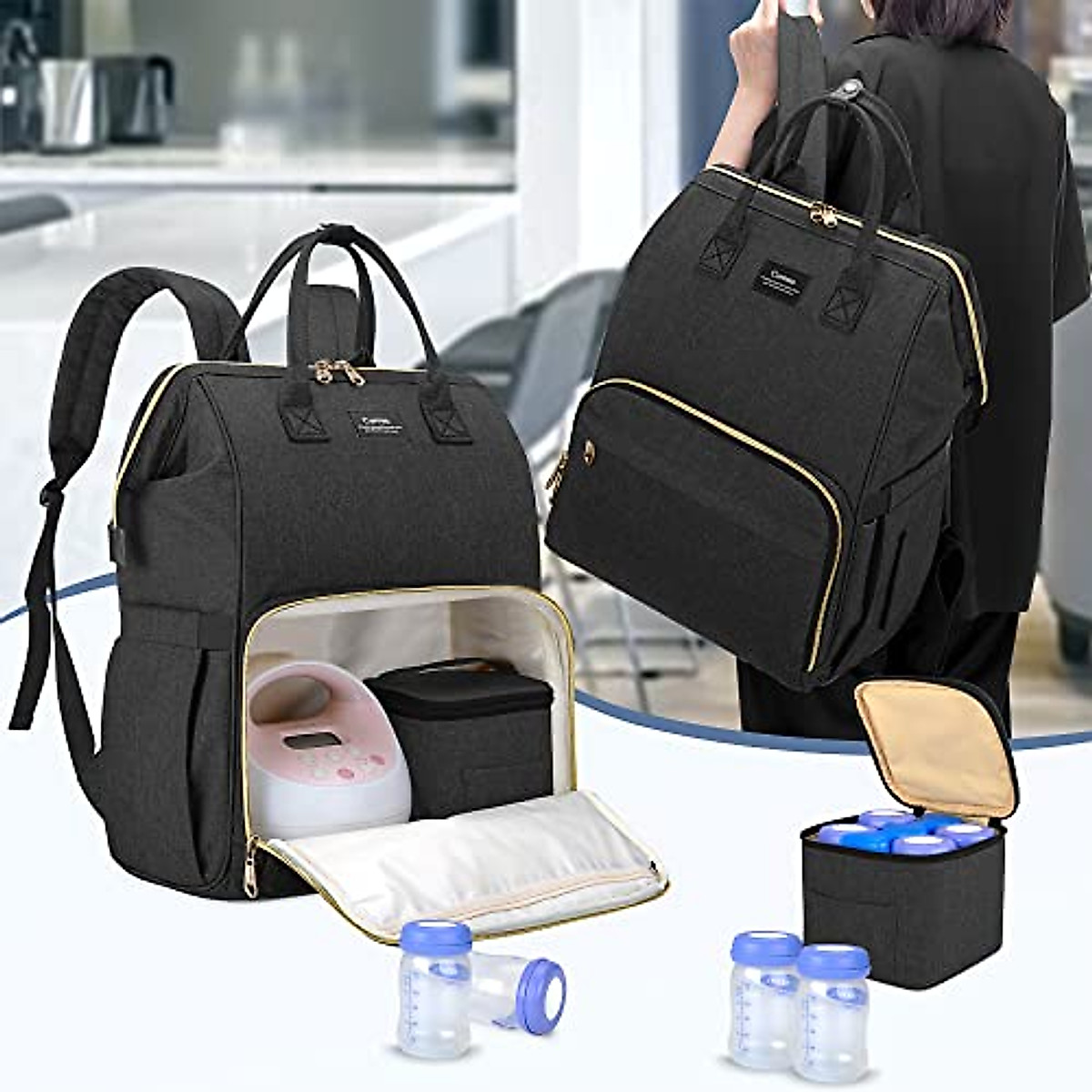 CURMIO Breast Pump Bag Backpack Compatible for Spectra S1, S2, Medela, Pumping Tote with Compartment for Cooler Bag, with Padded Laptop Sleeve for Working Moms, Black