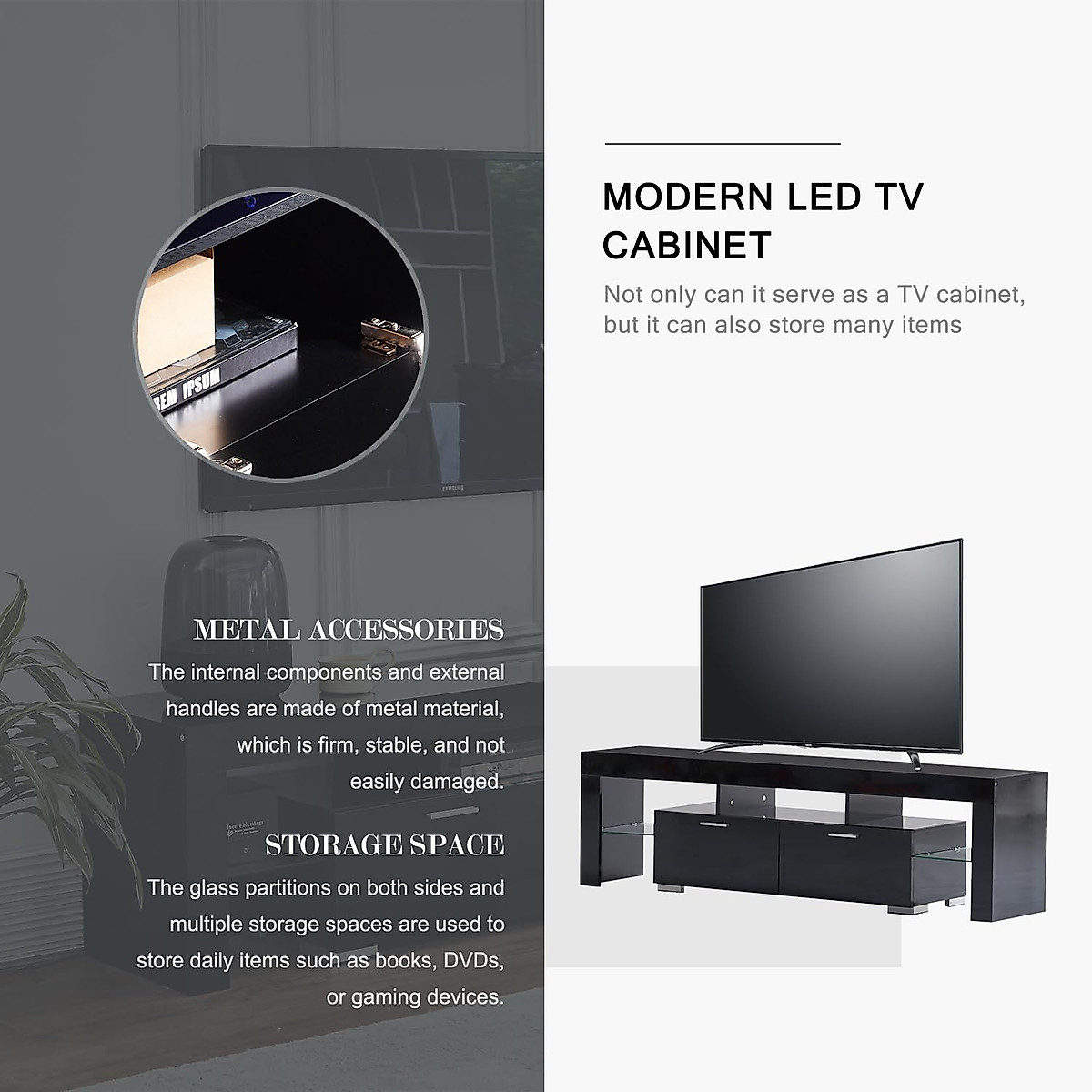 Ugijei Black LED TV Stand for 75 Inch TV, Modern Entertainment Center with Storage, TV Table for Bedroom, Living Room