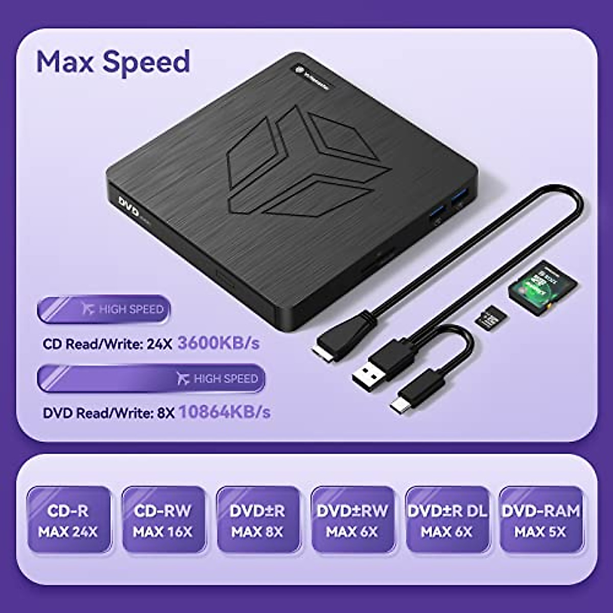 Yottamaster External CD/DVD Drive USB 3.0 CD Burner with SD/TF Card Reader and 2 USB-A Ports, Portable CD/DVD +/-RW Drive/DVD Player for Laptop Desktop PC [P-CD06]