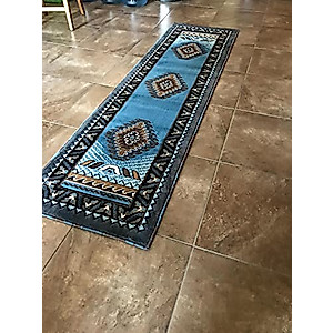 Kingdom Southwest Native American Runner Area Rug Blue & Brown Design D143 (2 Feet X 7 Feet)