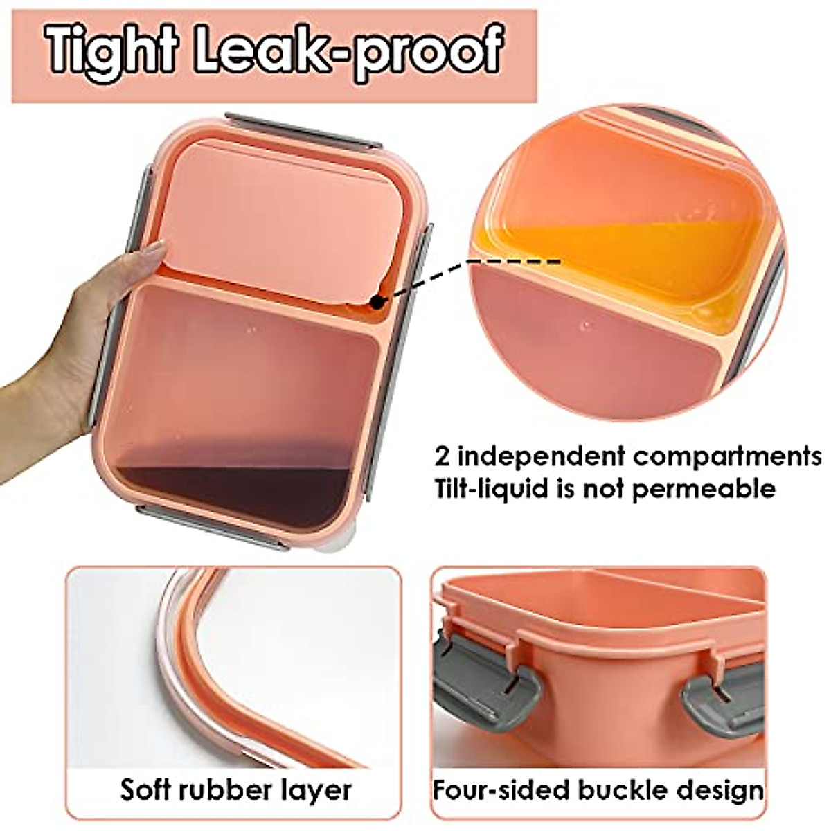 Cerlaza Bento Lunch Box Containers for Adults, Leak Proof Meal Prep Containers with 2 Compartments Dividers and Spoon, BPA-Free and Food-Safe Materials - Pink