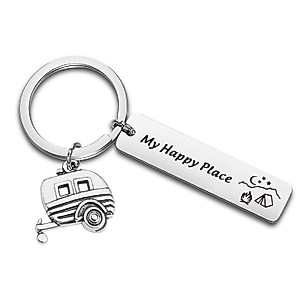 QIIER Camp Keychain My Happy Place Camping Keychain Camp Jewelry RV Camper Gift for Campers, Traveler (Silver)