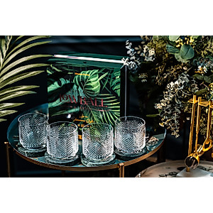 Vintage Flamingo Lowball Cocktail Glasses for Drinking Gin, Rum, Vodka, Whiskey Bar Drinks | Set of 4 | 11 oz Stackable Thick Crystal Short Tumblers | Tropical Glassware Collection