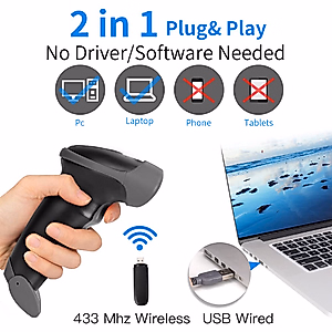 328 Feet Distance 1D CCD Wireless Bar Code Scanner for for PC Computers, UNIDEEPLY 2 in 1 (433MHZ Wireless & USB Wired) Automatic Barcode Reader Handheld USB Receiver for Store Supermarket, Warehouse