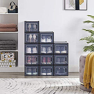 sweetgo 12 Pcs Stackable Shoe Storage Boxes - Front Entry and Clear Plastic, Shoe Container and Sneaker Display Box for Closets and Entryway, Foldable Shoe Organizer for Men & Women Shoes (Black)