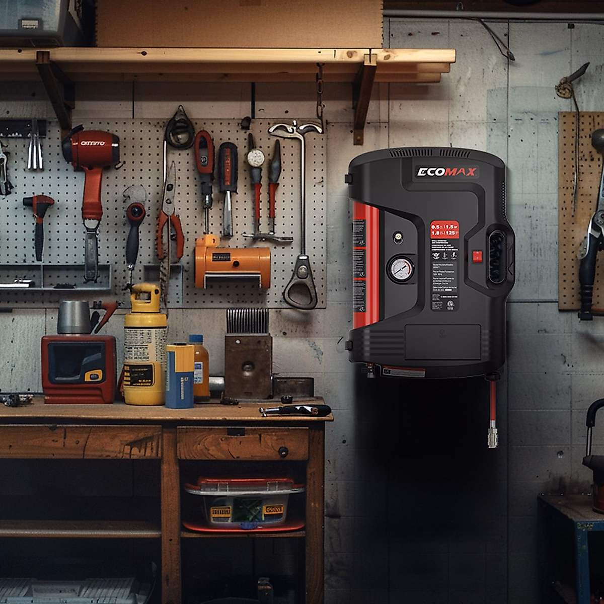 ECOMAX Portable Air Compressor, Wall-Mount Compressor with 30 Feet Air Hose, Mini Tank 125 PSI MAX Pressure & 1.5 HP, Oil-free Long Life Cycle for Shop, Garage and Home