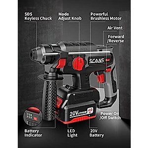 Brushless Heavy Duty Rotary Hammer Drill, 20V Cordless Hammer Drill with 4.0Ah Battery/Charger, SDS Chuck, 4 Modes, Adjustable Handle, Electric Hammer Drill for Wall, Concrete, Brick, Metal, S521-1