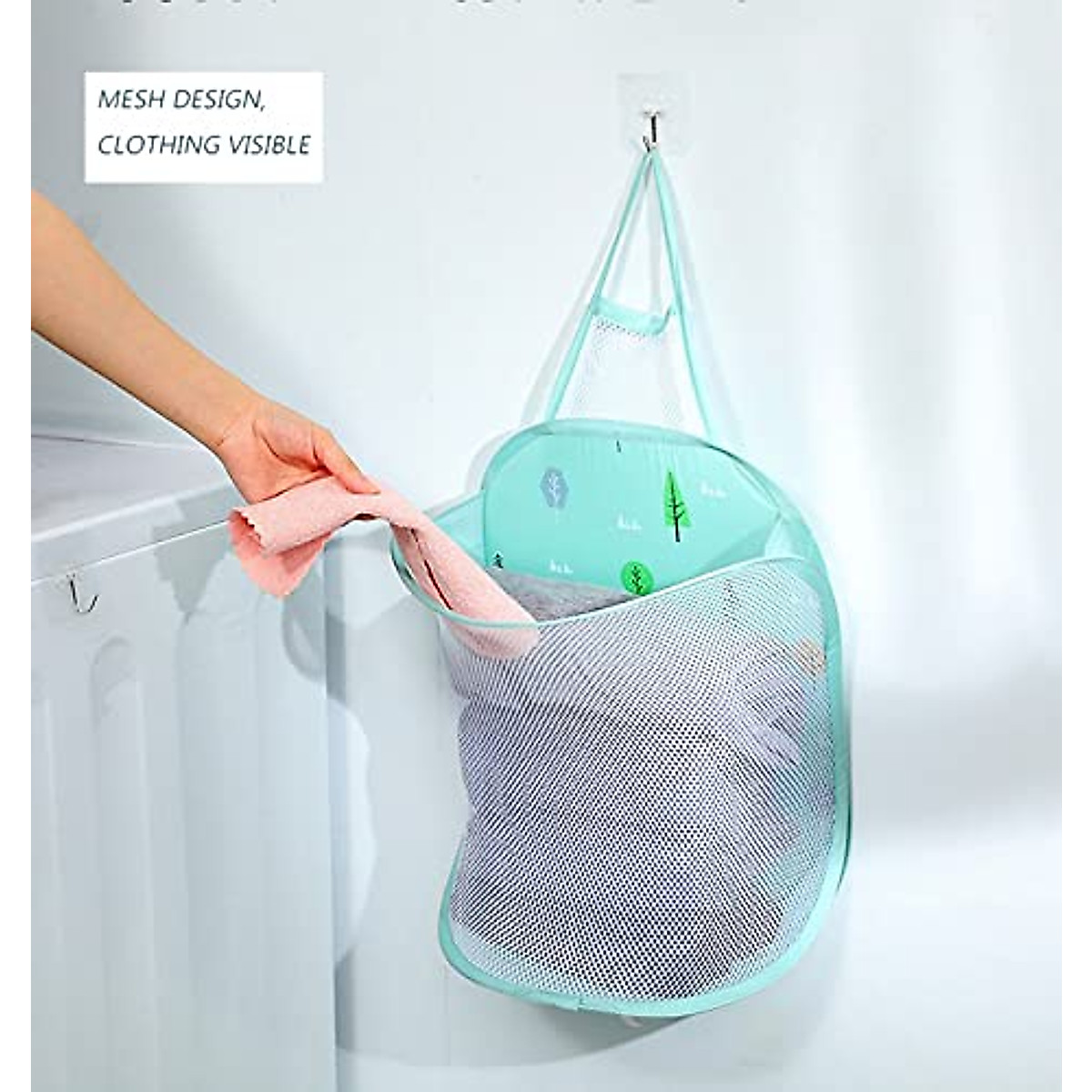 Mesh Hanging Popup Laundry Hamper, Foldable Pop-up Mesh Hamper Dirty Clothes Basket With Carry Handles Easy to Open and Fold Flat for Storage, Odors & Moisture Proof (Green)