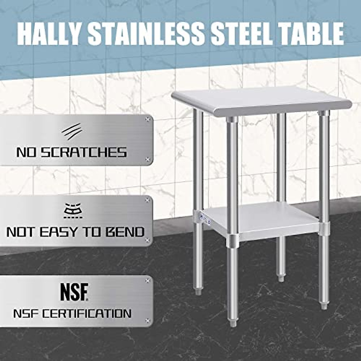 Hally Stainless Steel Table for Prep & Work 24 x 15 Inches, NSF Commercial Heavy Duty Table with Undershelf and Galvanized Legs for Restaurant, Home and Hotel