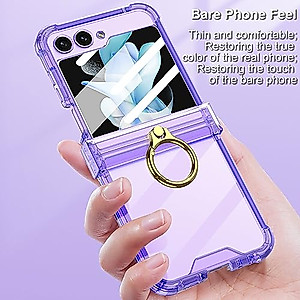 Jusy for Samsung Galaxy Z Flip 5 Case Ring, with Hinge Protection, Built-in Back Screen Protector & Ring Kickstand, Clear Elegant Shockproof Cover for Woman Girl, Purple