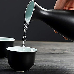 Dltsli Ceramic Sake Set with Warmer Pot Bamboo Tray, Stovetop Porcelain Pottery Hot Saki Drink Bottle, 10pcs Set 1 Stove 1 Warming Bowl 1 Sake Bottle 1 Tray 6 Cup Keep Sake Storage Gift Box (Black)