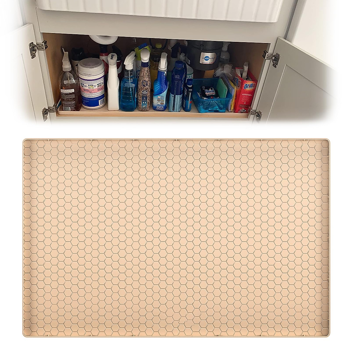 Under Sink Mat, 28'' x 22'' Silicone Under Sink Liner, Waterproof Shelf Liner with Drain Hole, Kitchen Bathroom Cabinet Mats (Beige)