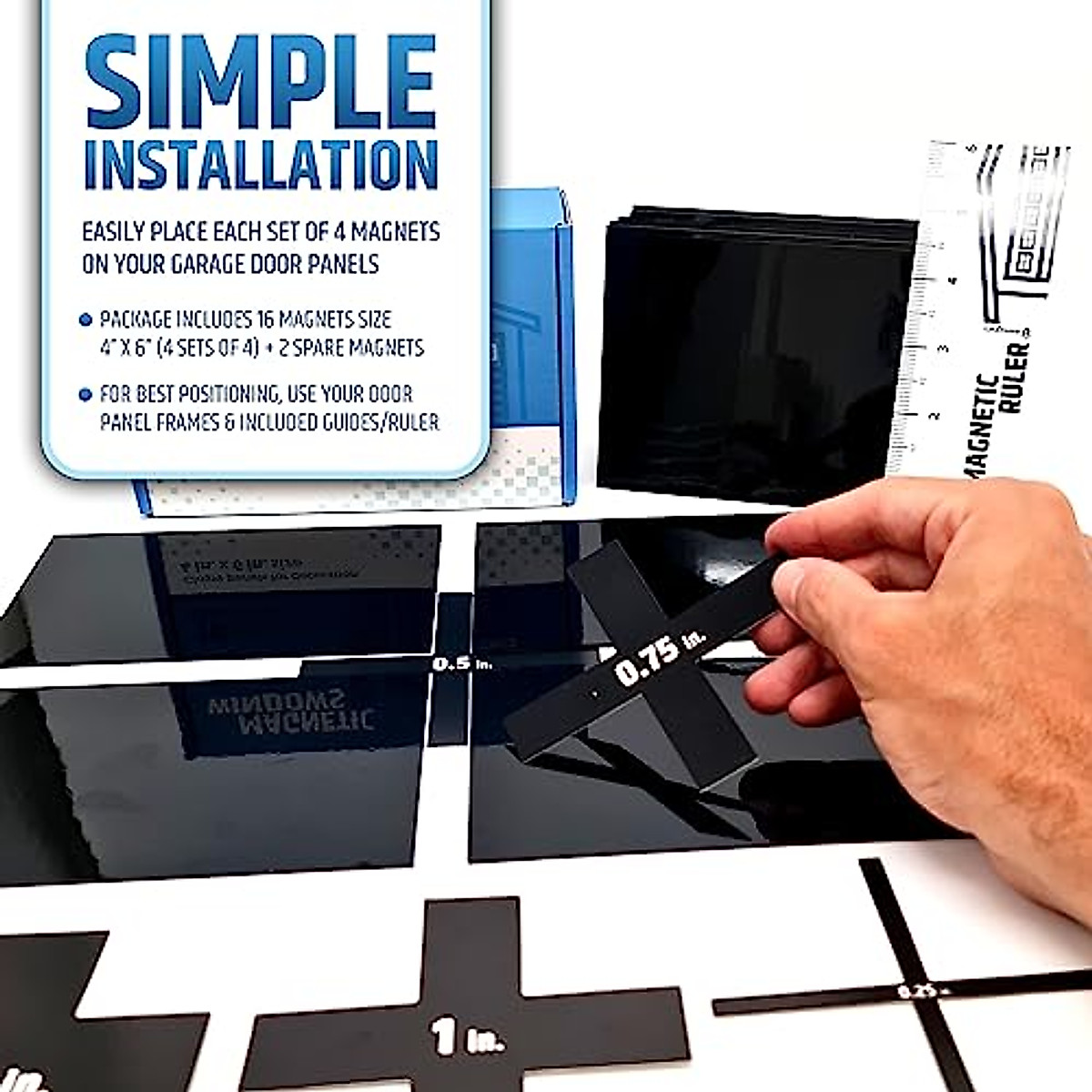 Strong & Glossy Magnetic Garage Door Windows - Fits 1 Car Garage - Looks Like Real Window Panels/Faux Panes - Decorative Hardware Kit - Easy to Align & Will Never Fall (Upgraded Magnets) | 16pcs 4"X6