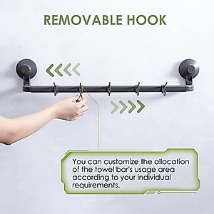 LUXEAR Towel Bar, 24 Inch Adhesive Bathroom Towel Bar with Upgrade Suction Cup, Tool Free Adhesive Shower Towel Rack with 5 Sliding Hooks, Wall Mounted Plastic Towel Bar for Shower Kitchen Door