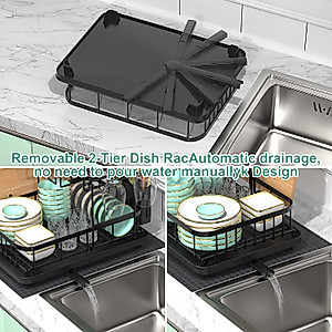 SouAny 2 Tier Dish Drying Rack with Drainboard, Large Dish Organizer and Strainer Set for Kitchen Counter with Mat, Wine Glass Holder and Utensil Holder