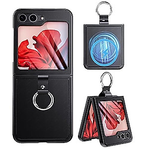 Hoerrye for Samsung Galaxy Z Flip 5 Case with Ring [Built-in Magnet for MagSafe + Screen Protector] Wireless Charging PU Leather Slim Phone Cover for Galaxy Z Flip 5 5G 2023,Black