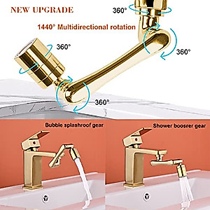 1440° Rotating Faucet Extender, 1080°+360° Large-Angle Splash Filter Faucet Aerator, with 2 Water Outlet Modes, Universal Brass Splash Filter Faucet Extension for Kitchen and Bathroom Sink, Golden