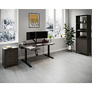 Realspace® Koru Electric 59"W L-Shaped Height-Adjustable Standing Desk with Integrated Power & Charging, Espresso Oak