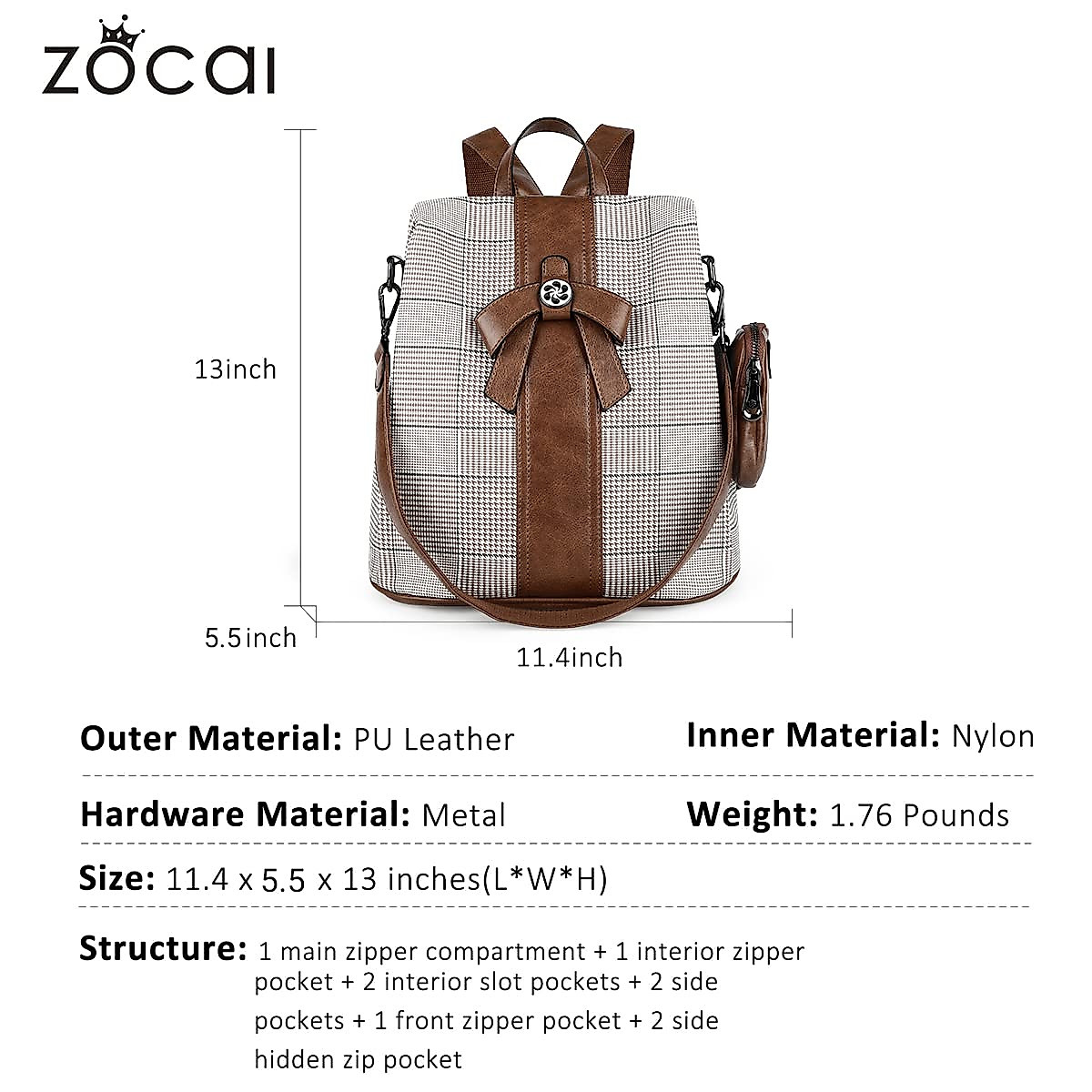 ZOCAI Backpack Purse for Women Fashion Backpack Purses PU Leather Daypacks Anti-Theft Shoulder Bag Satchel Purse(Brown)