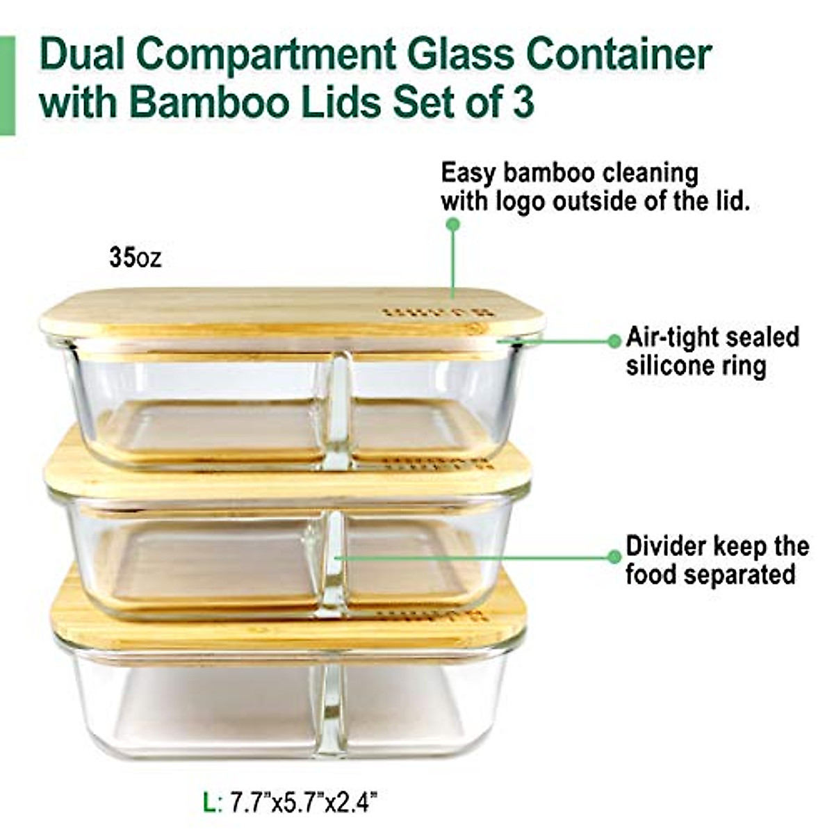 Urban Green Glass Container with Wood Lid, Glass food storage Container with Lids, Glass Meal Prep Containers Set, Glass Containers set (Natural-Bamboo- 3p)